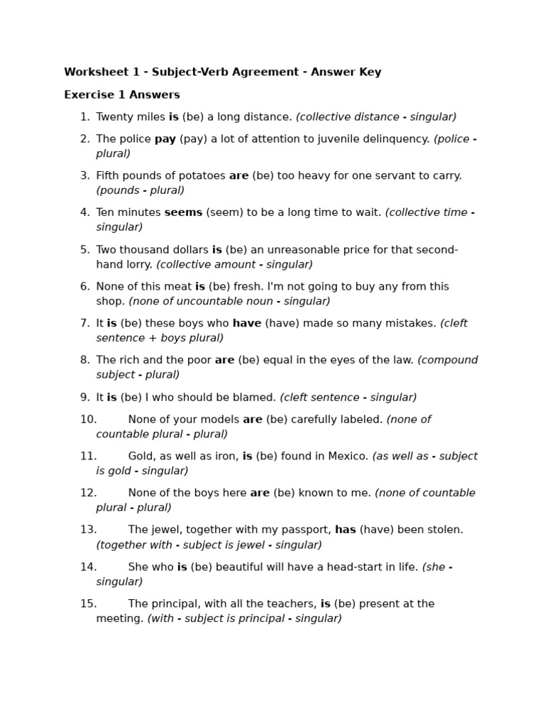 Subject-Verb Agreement Answer Key | PDF | Grammar | Syntax