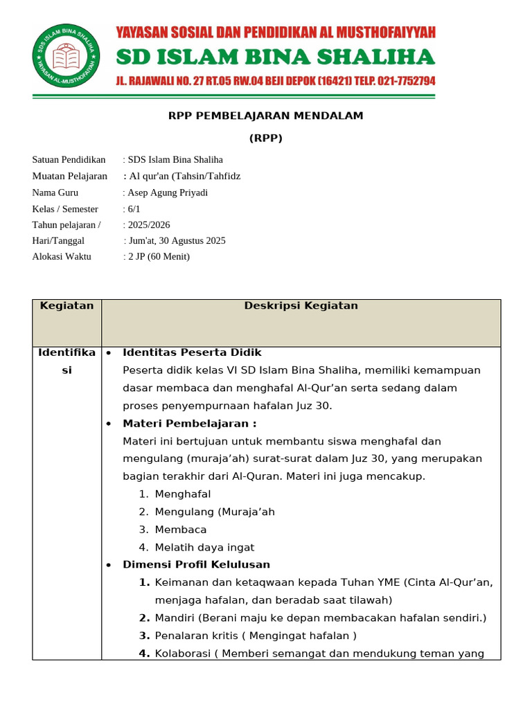 RPP Deep Learning Kls 6 30 Agustus 25 | PDF