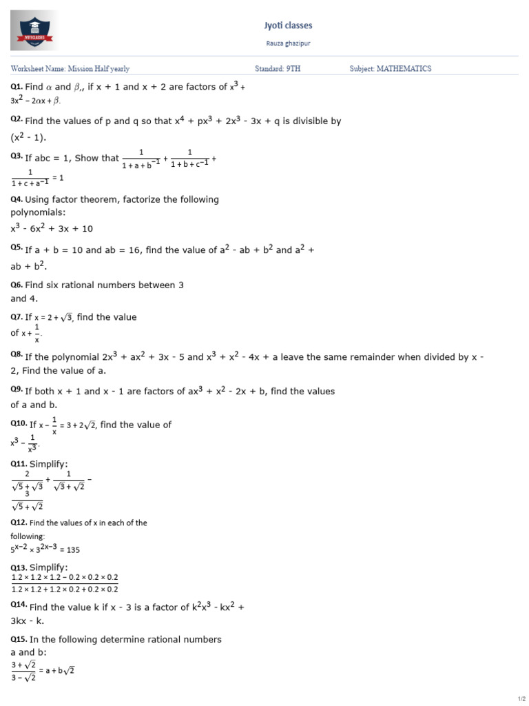 9th Grade Mathematics Worksheet | PDF | Elementary Mathematics ...