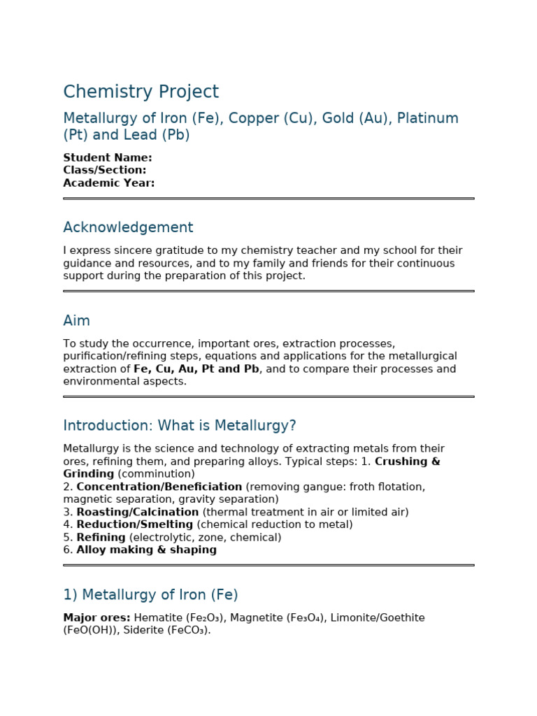 Metallurgy of Iron, Copper, Gold, Platinum, Lead | PDF | Smelting | Iron