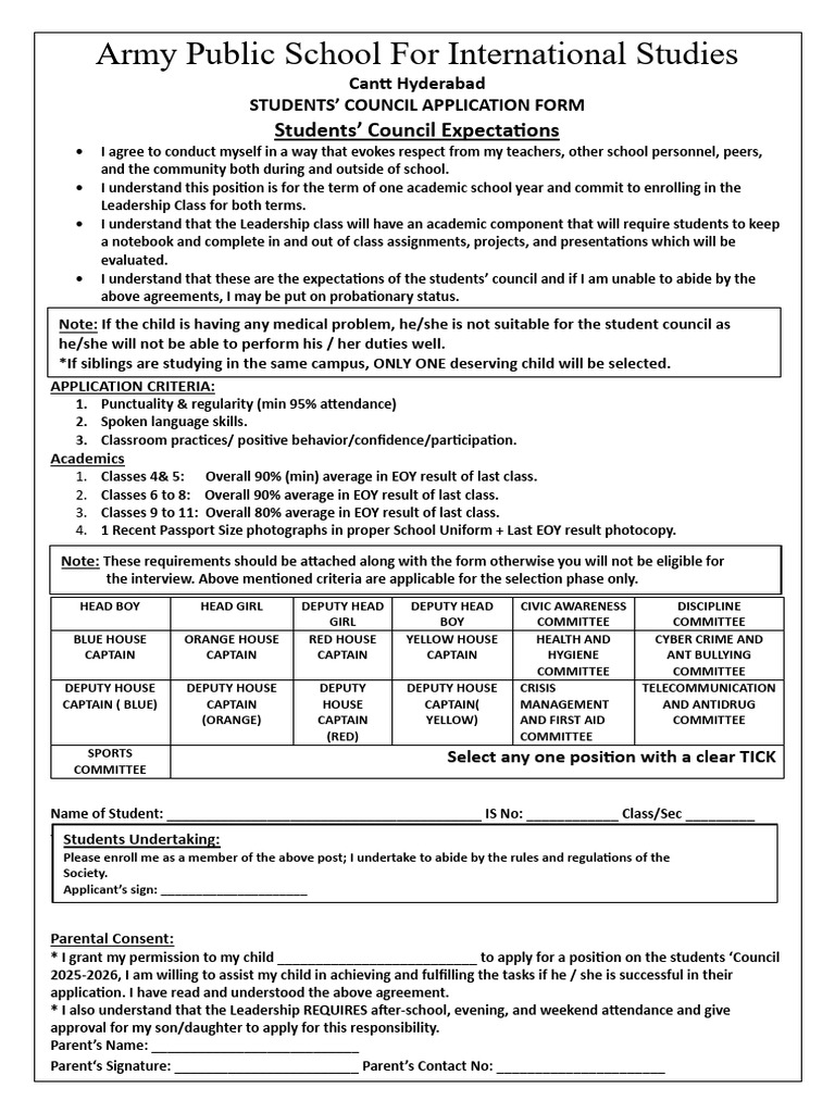 Student Council Application Form 2025-2026 | PDF