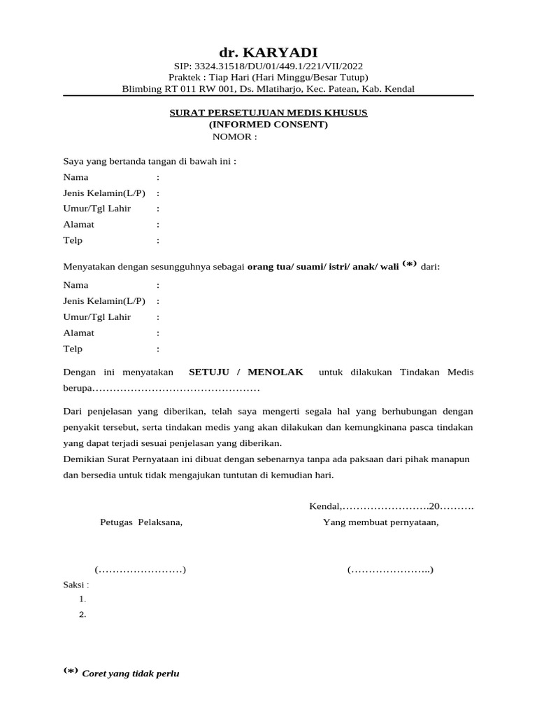 Contoh Surat Informed Consent Medis | PDF