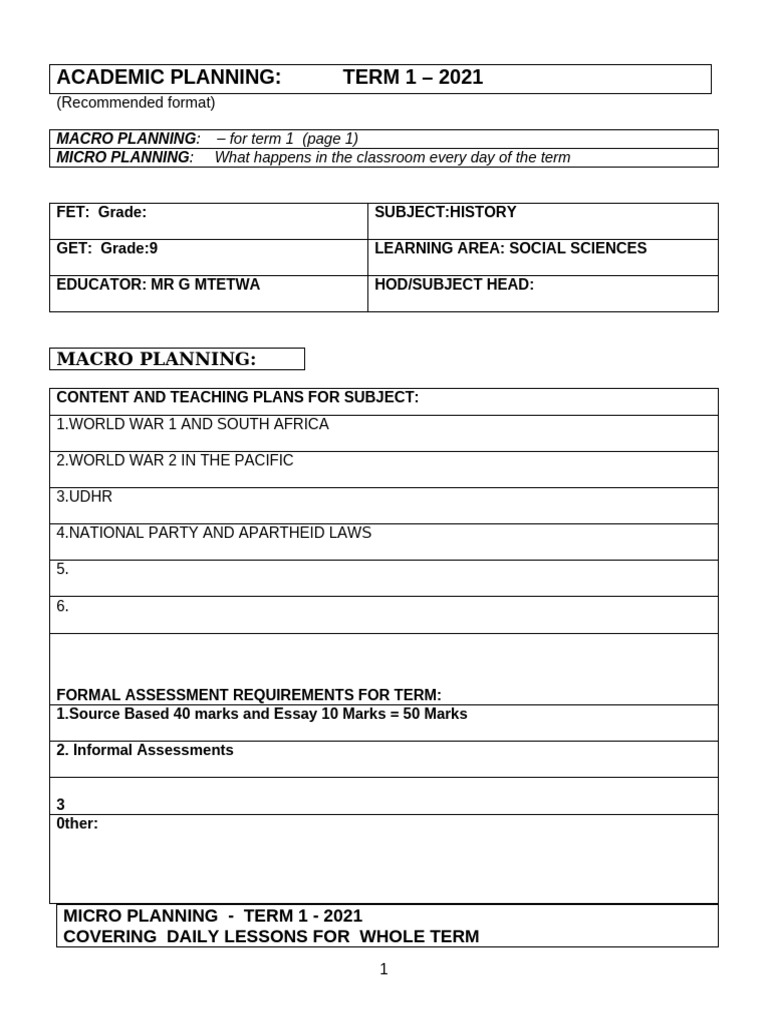 2021 Micro Planning - History Grade 9 Term 1 Template | PDF | Nazi ...