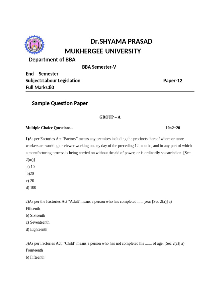 Labour Legislation Sample Question Paper | PDF | Employment | Strike Action