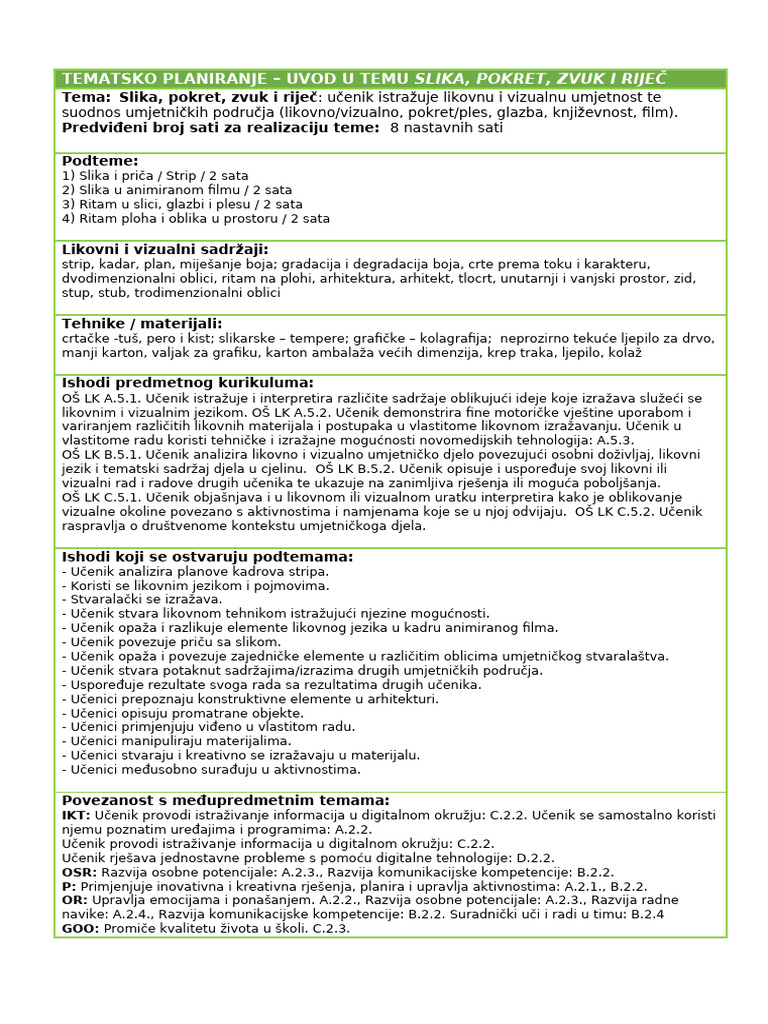 003 SLIKA, POKRET, ZVUK I RIJEC Tematsko Planiranje | PDF