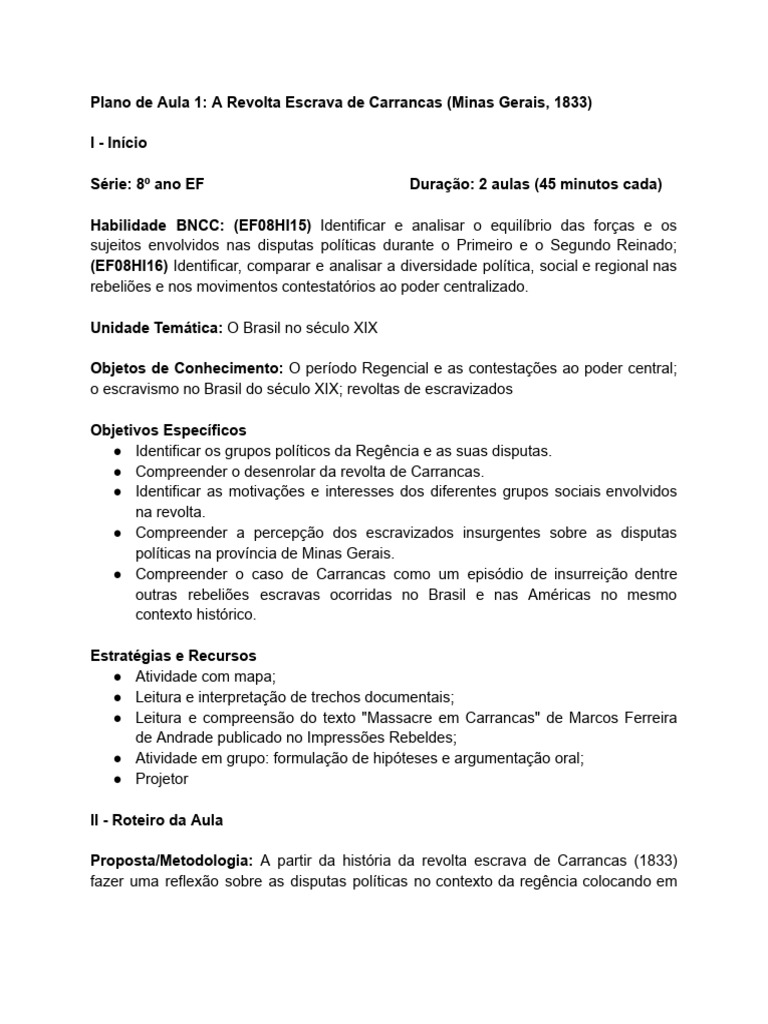 Revolta Escrava de Carrancas: Aula 8º Ano | PDF | Escravidão | Brasil