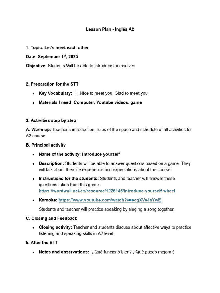 A2 English Lesson Plan: Introductions | PDF