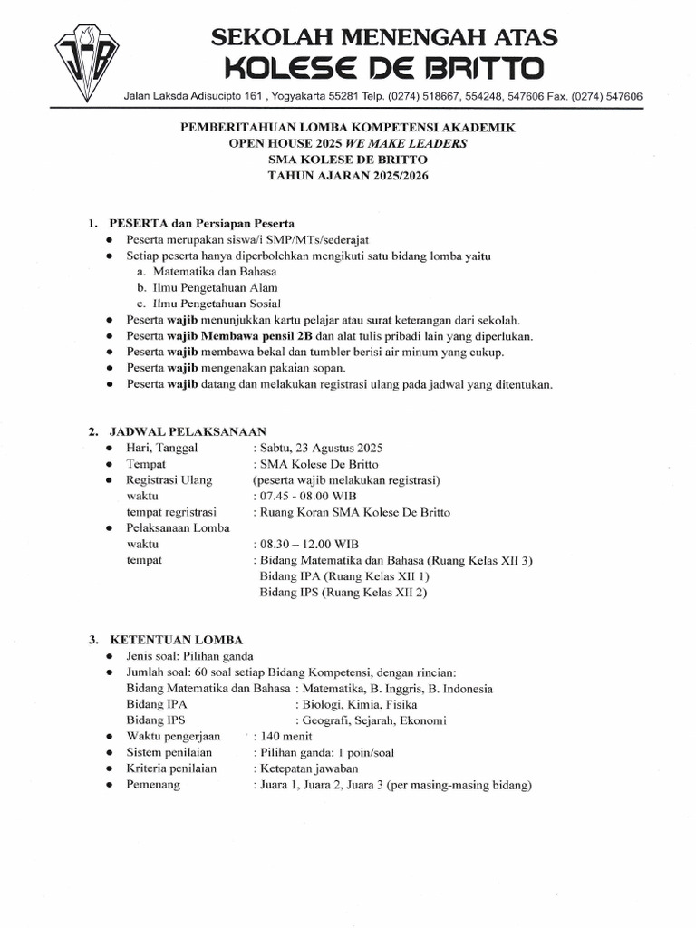 Pemberitahuan Lomba Kompetensi Akademik Open House JB 2025 | PDF