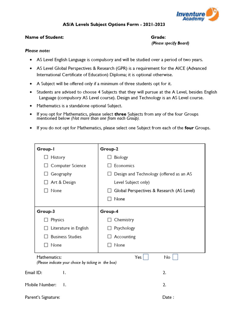 Revised As Level Subject Options Form | PDF