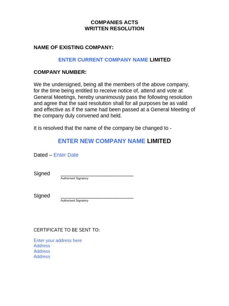 Company Name Change Resolution Template | PDF
