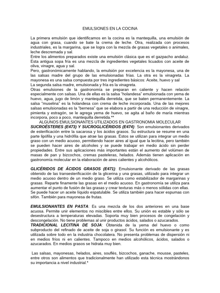 Tipos de Emulsiones en Cocina | PDF | Emulsión | Mayonesa