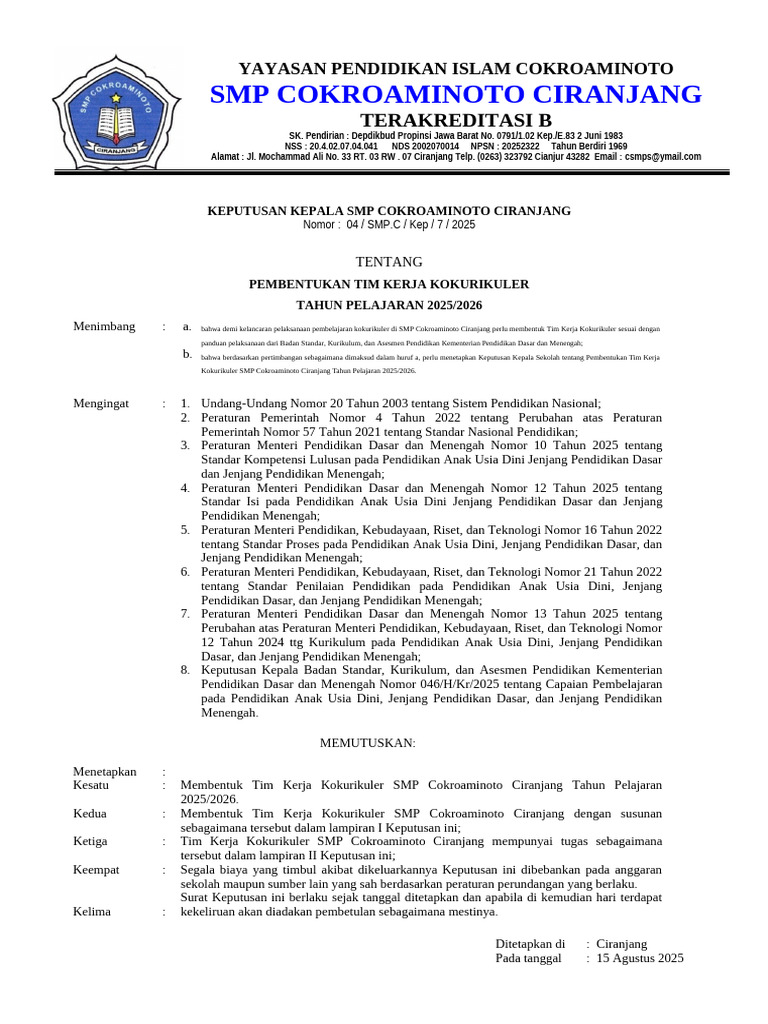 SK TIM Kerja Kokurikuler - 2025 - 2026 | PDF