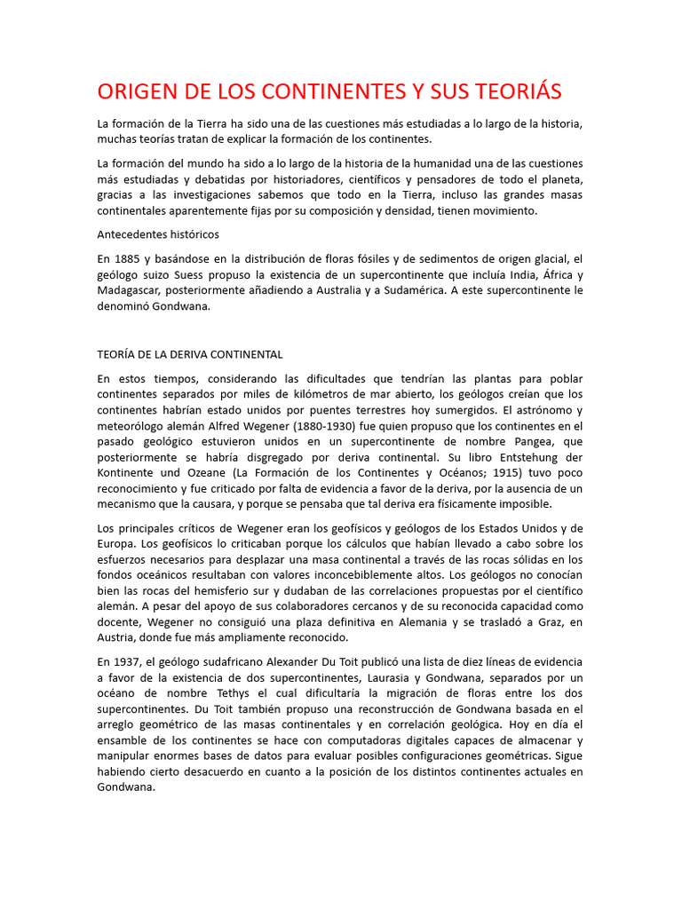 Origen y Teorías de los Continentes | PDF | Continente | Placas tectónicas