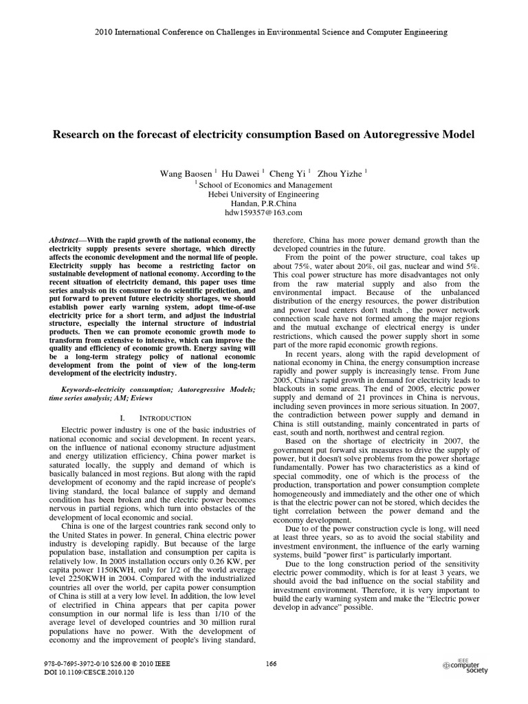 Research On The Forecast of Electricity Consumption Based On Autoregressive Model | PDF | Time ...