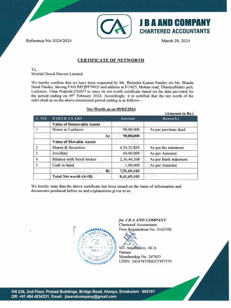 Net Worth Certificate | PDF