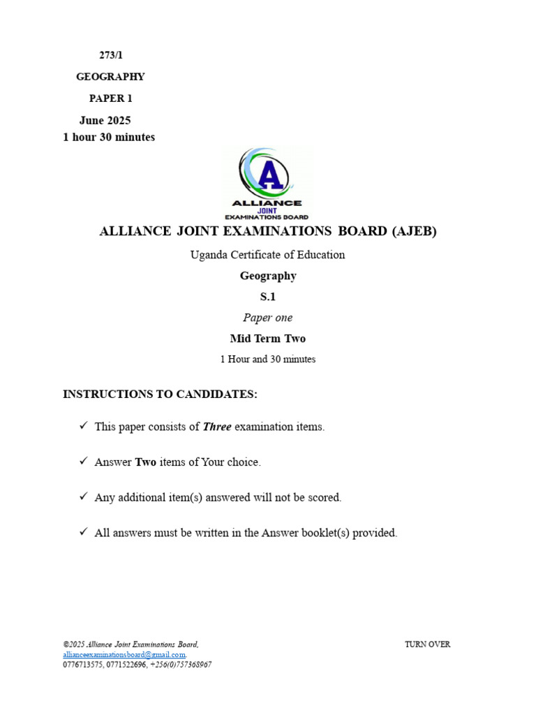 273 s.1 Alliance Joint Examinations Board Mid Term II 2025 | PDF | Map