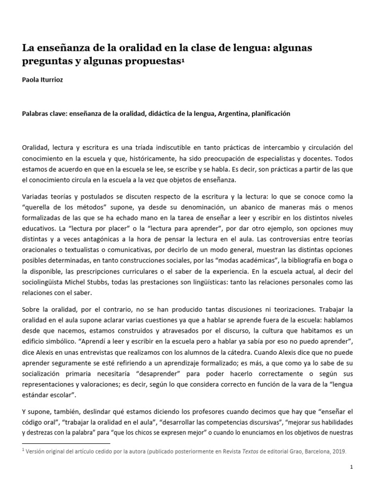 ITURRIOZ Oralidad y Enseñanza | PDF | Enseñando | Escritura