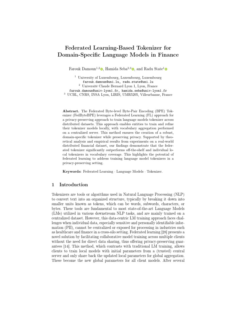 Federated Learning-Based Tokenizer For Domain-Specific Language Models in Finance | PDF ...