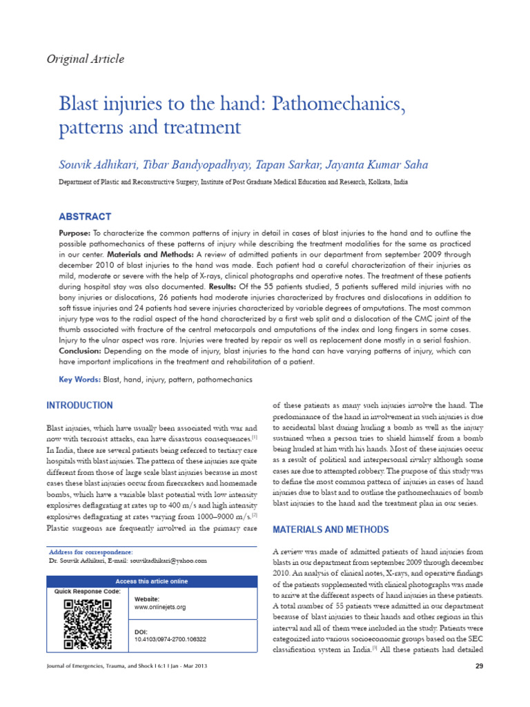 Blast Injuries To The Hand: Patterns, Pathomechanics and Treatment ...