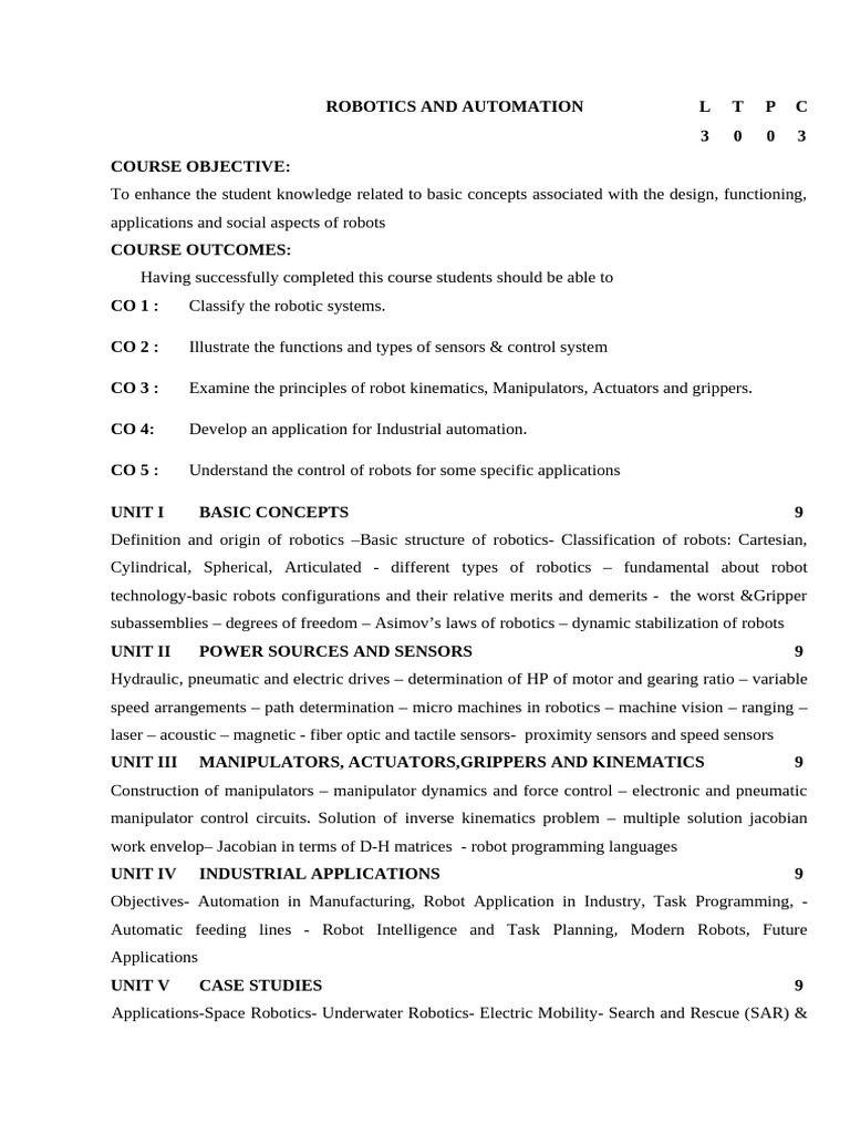 Robotics and Automation Course Syllabus | PDF | Robot | Robotics