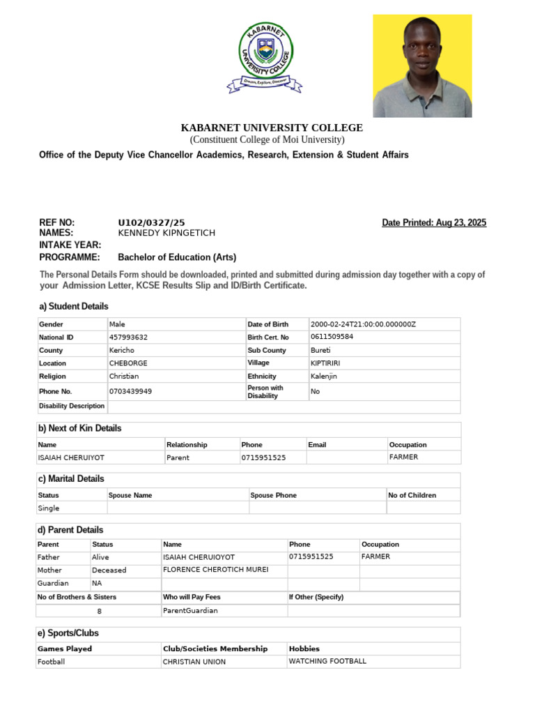 KabarNet University Admission Form | PDF | Birth Certificate | Social ...