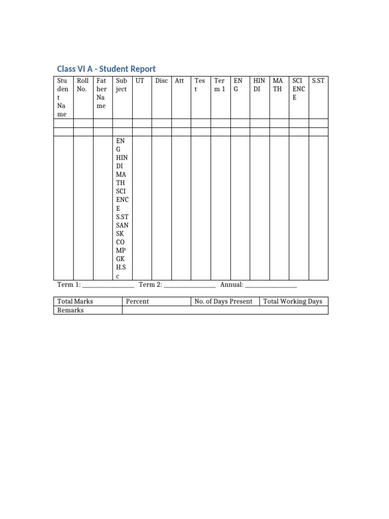 Class VI A Student Report Template | PDF