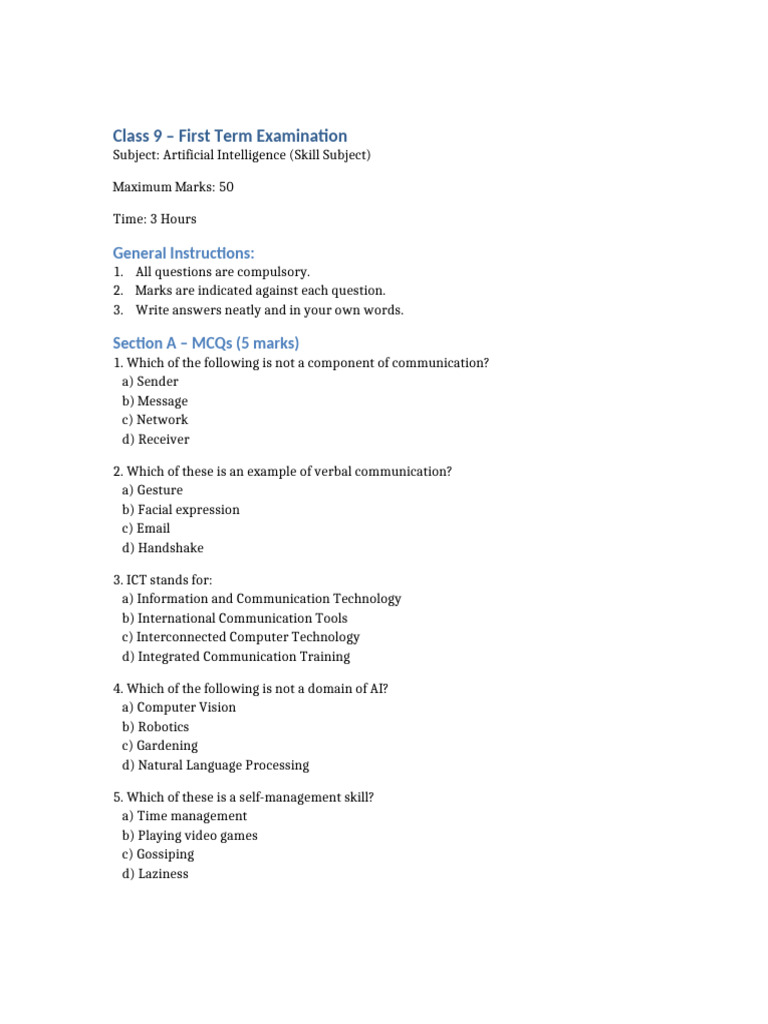 AI Class 9 - First Term Examination | PDF