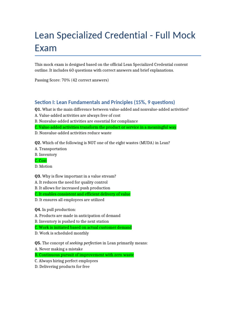 Lean Credential Mock Exam Overview | PDF | Lean Manufacturing | Six Sigma