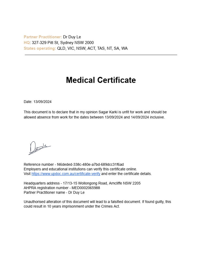Dr Duy Le Medical Certificate for Sagar Karki | PDF