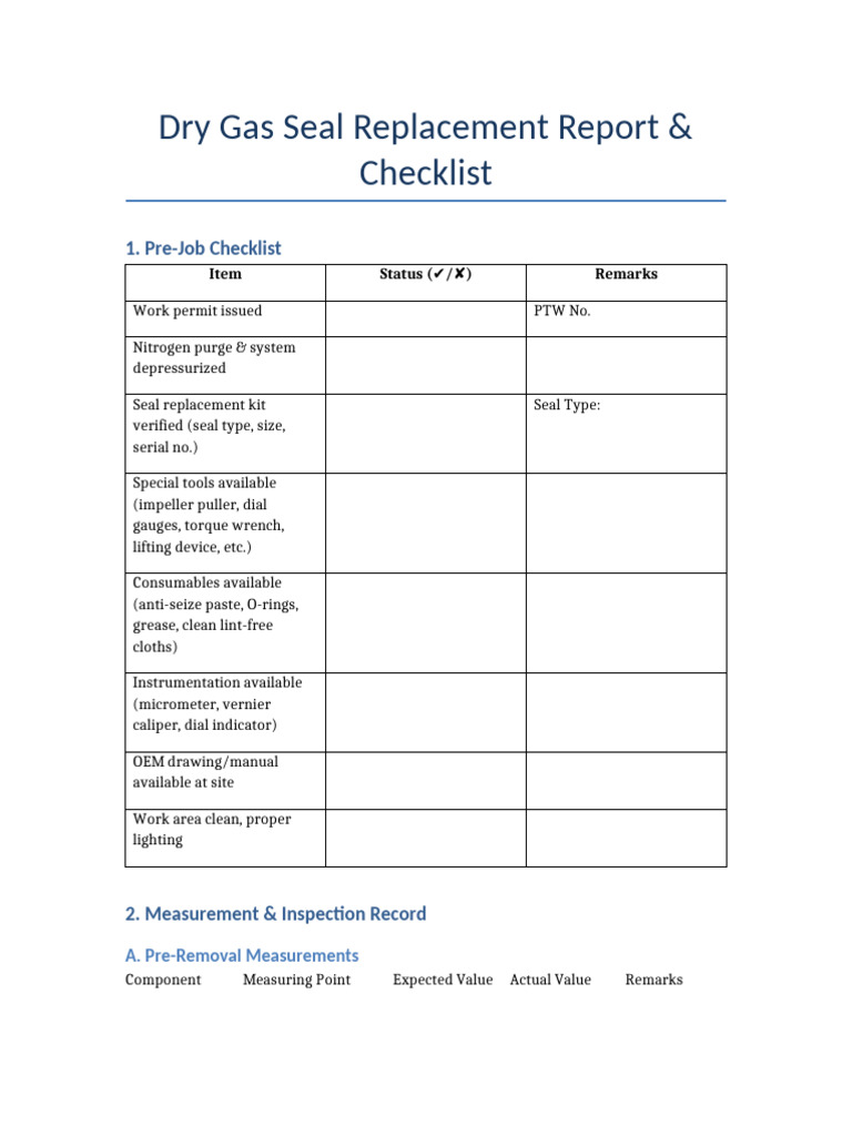 Dry Gas Seal Replacement Checklist | PDF | Lubricant | Mechanical ...