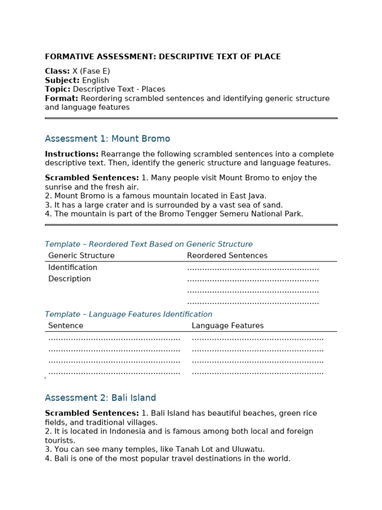Descriptive Text Assessment: Places | PDF | Language Mechanics ...