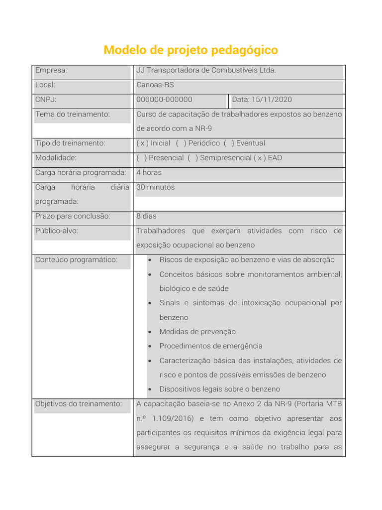 Modelo Preenchido de Um Projeto Pedagógico | PDF | Aprendizado | Benzeno