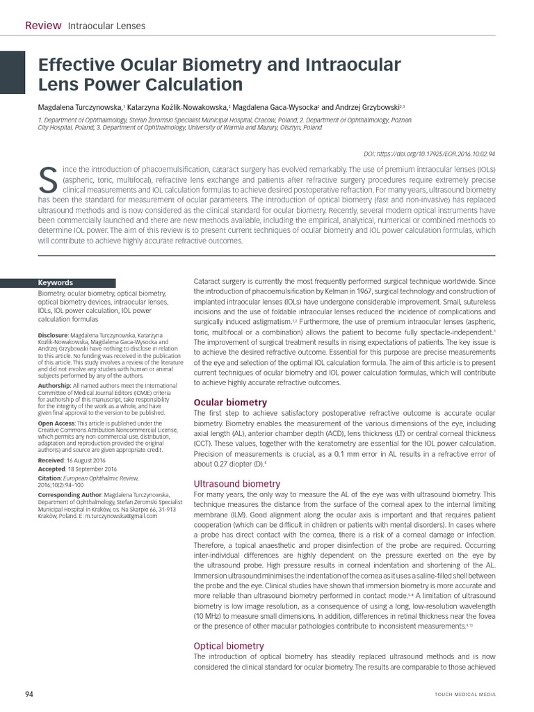 Effective Ocular Biometry and Intraocular Lens Power Calculation | PDF ...