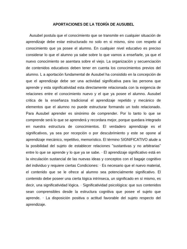 Aportaciones de La Teoría de Ausubel | PDF | Consulta basada en el aprendizaje | Sicología