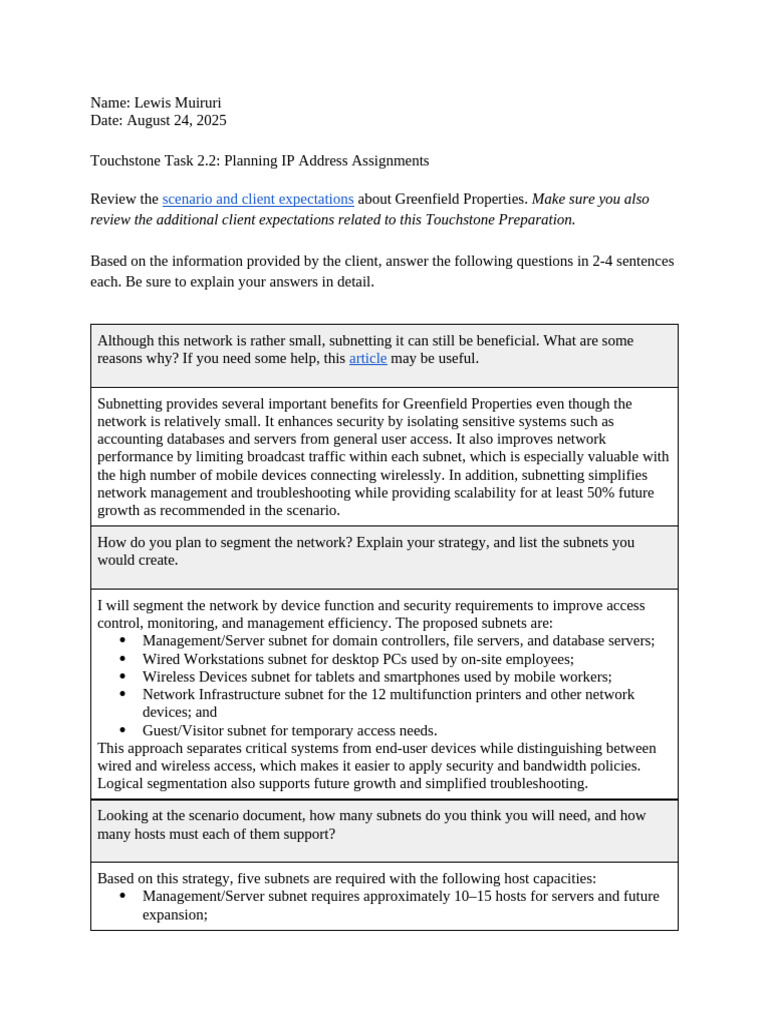 Touchstone Task 2.2 - Planning IP Address Assignments Questions | PDF | Computer Network ...