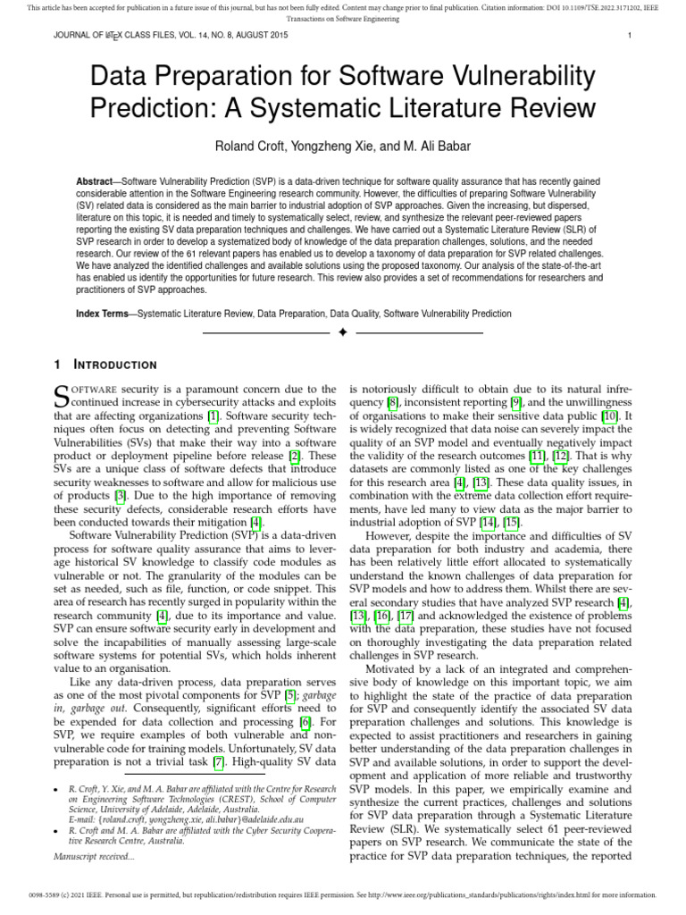 Data Preparation For Software Vulnerability Prediction A Systematic Literature Review | PDF ...