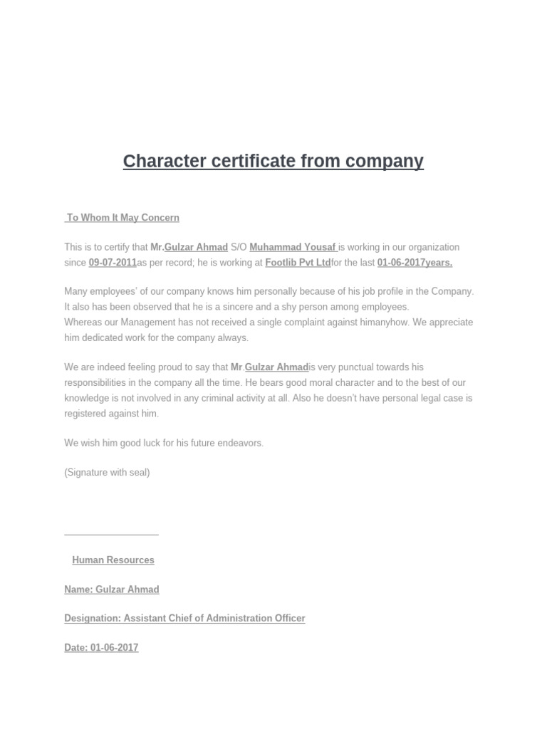 Assistant Chief Character Certificate | PDF