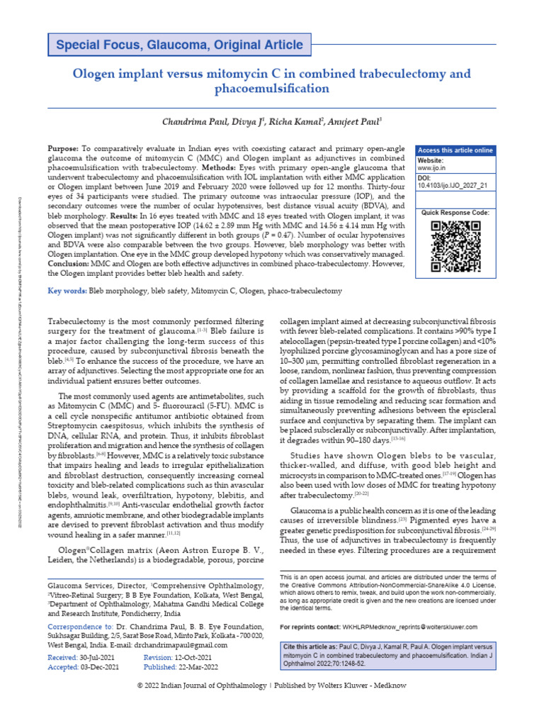 Ologen vs. Mitomycin C in Glaucoma Surgery | PDF | Glaucoma | Clinical ...