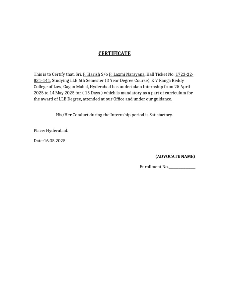 Harish Internship Certificate | PDF