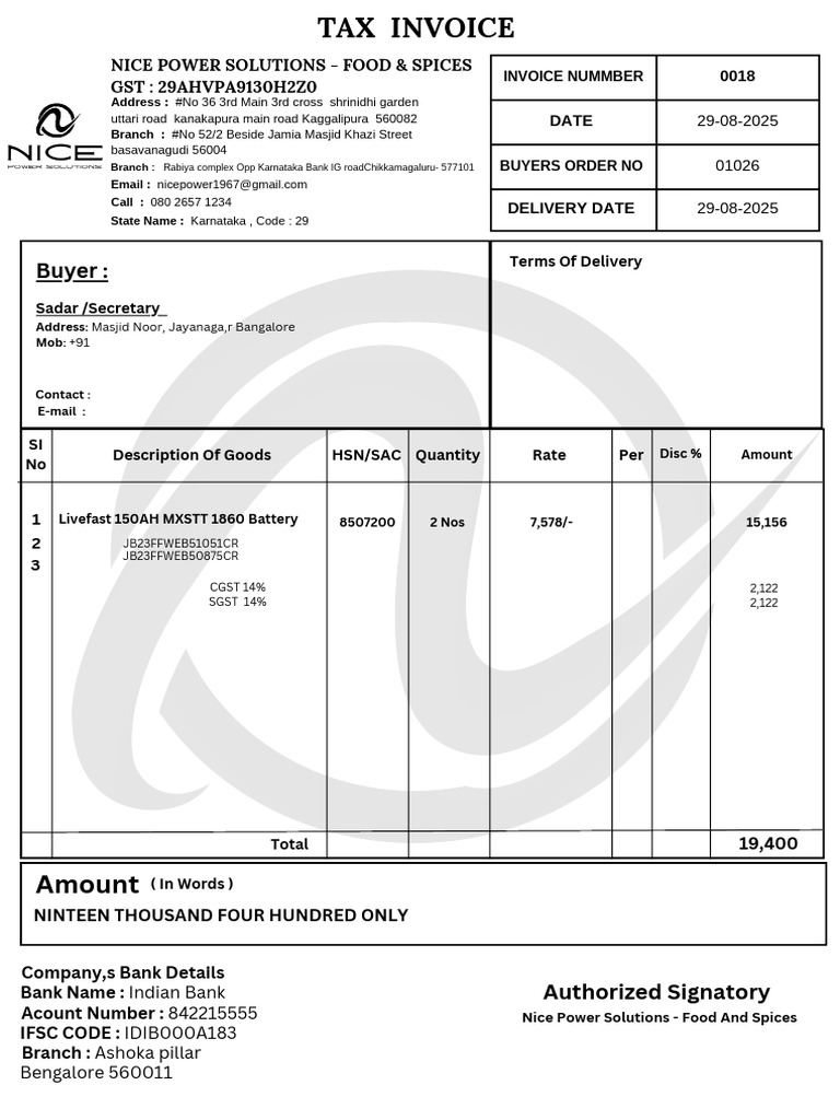 Tax Invoice for Nice Power Solutions | PDF