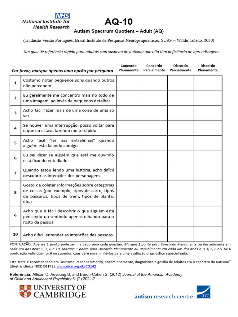 Teste AQ-10 para Adultos com Autismo | PDF