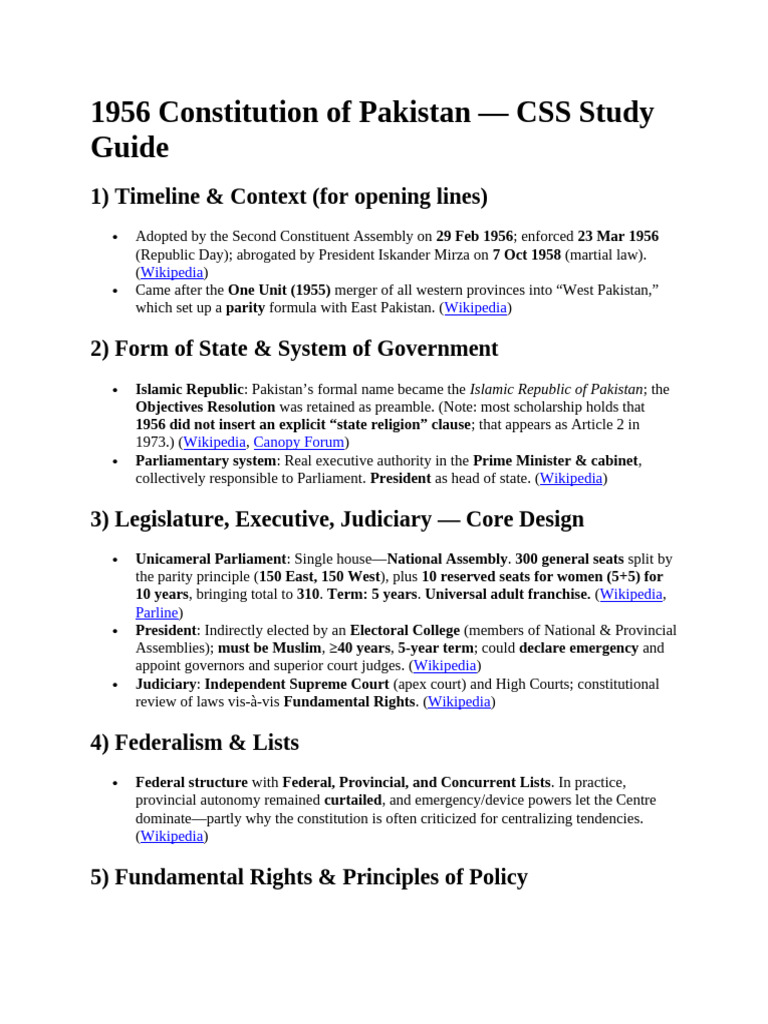 1956 Pakistan Constitution Overview Guide | PDF | Government | Governance