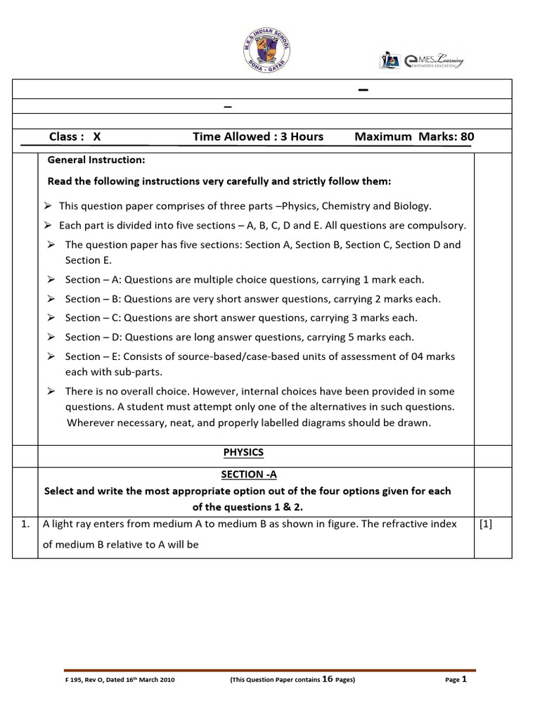 M.E.S. Indian School, Doha - Qatar | PDF | Chemistry