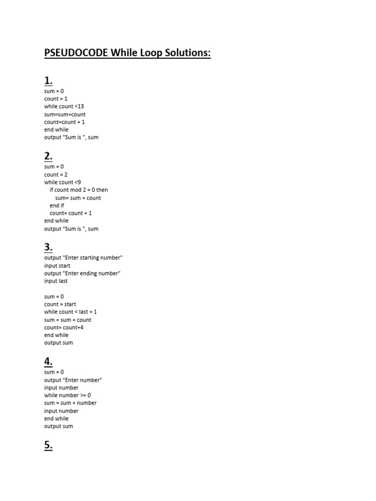 While Loop Pseudocode Examples | PDF | Number Theory | Arithmetic