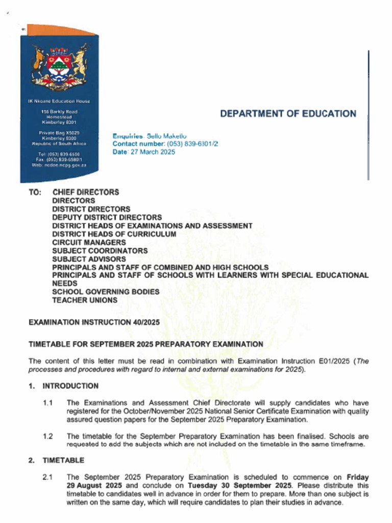 E40 of 2025 - Sept 2025 Prep Timetable | PDF