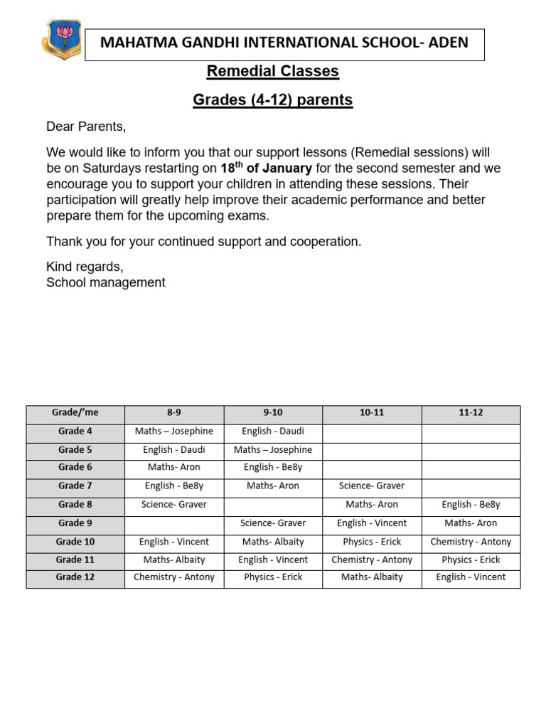 Remedial Classes Schedule for Grades 4-12 | PDF