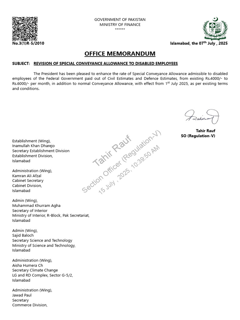 Revised Special Conveyance Allowance 2025 | PDF | Islamabad | World ...