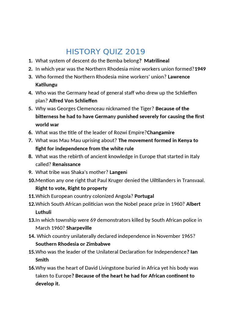 History Quiz 2019: Key Events & Figures | PDF | German Empire | World War I