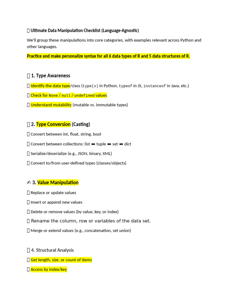Data Manipulation Techniques Checklist | PDF | String (Computer Science ...