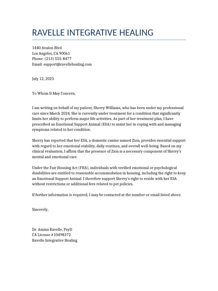 ESA Support Letter for Sherry Williams | PDF